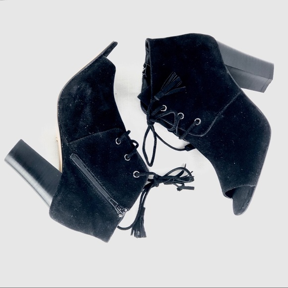 XOXO | Shoes | Xoxo Black Faux Suede Peep Toe Tie Up Block Heels | Poshmark